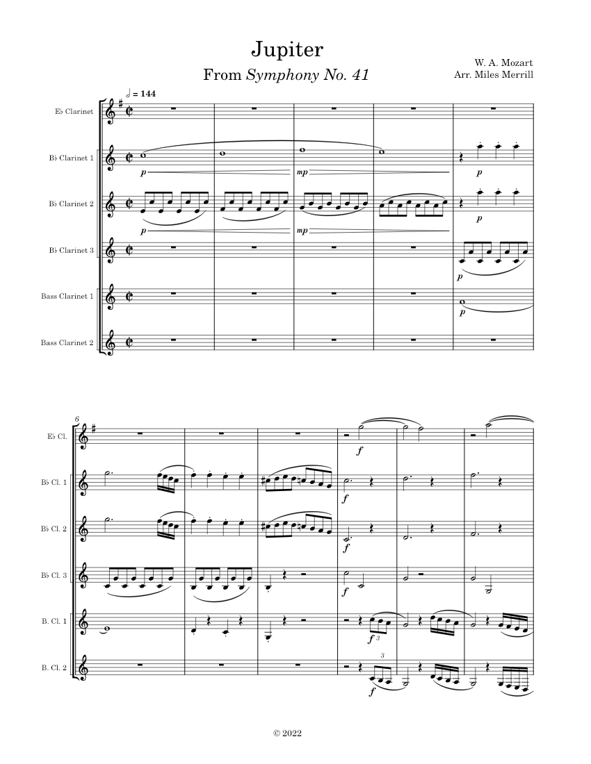 Jupiter, from Symphony No. 41 Sheet Music for Clarinet in e-flat ...