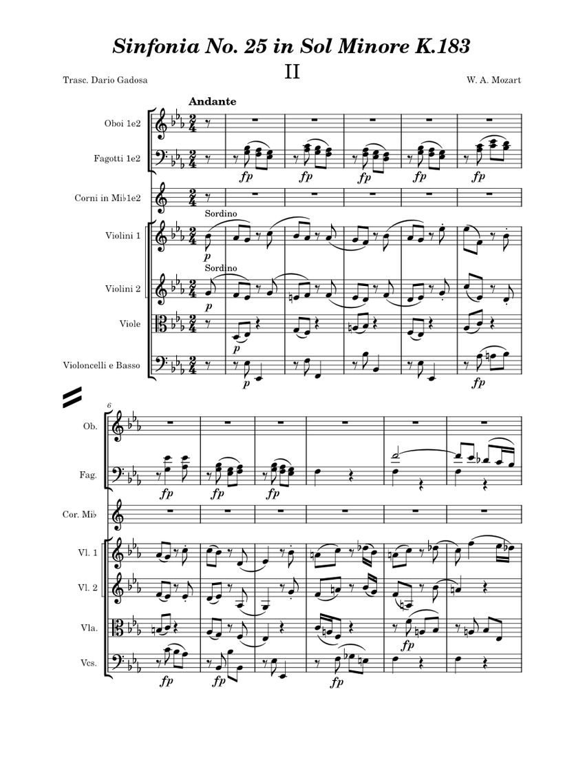 Mozart sinfonia No. 25 in Sol Minore K.183 II tempo - piano tutorial