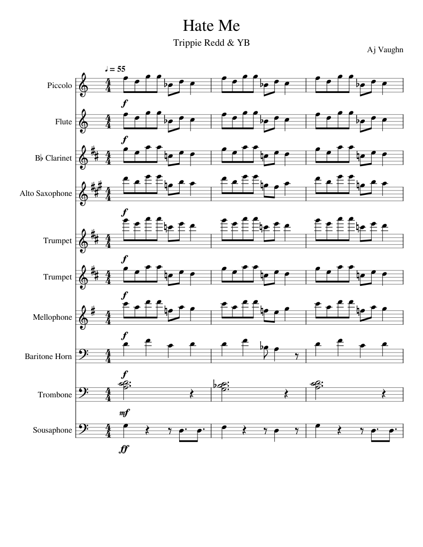 Hate Me Sheet Music for Trombone, Mellophone, Flute piccolo, Flute ...