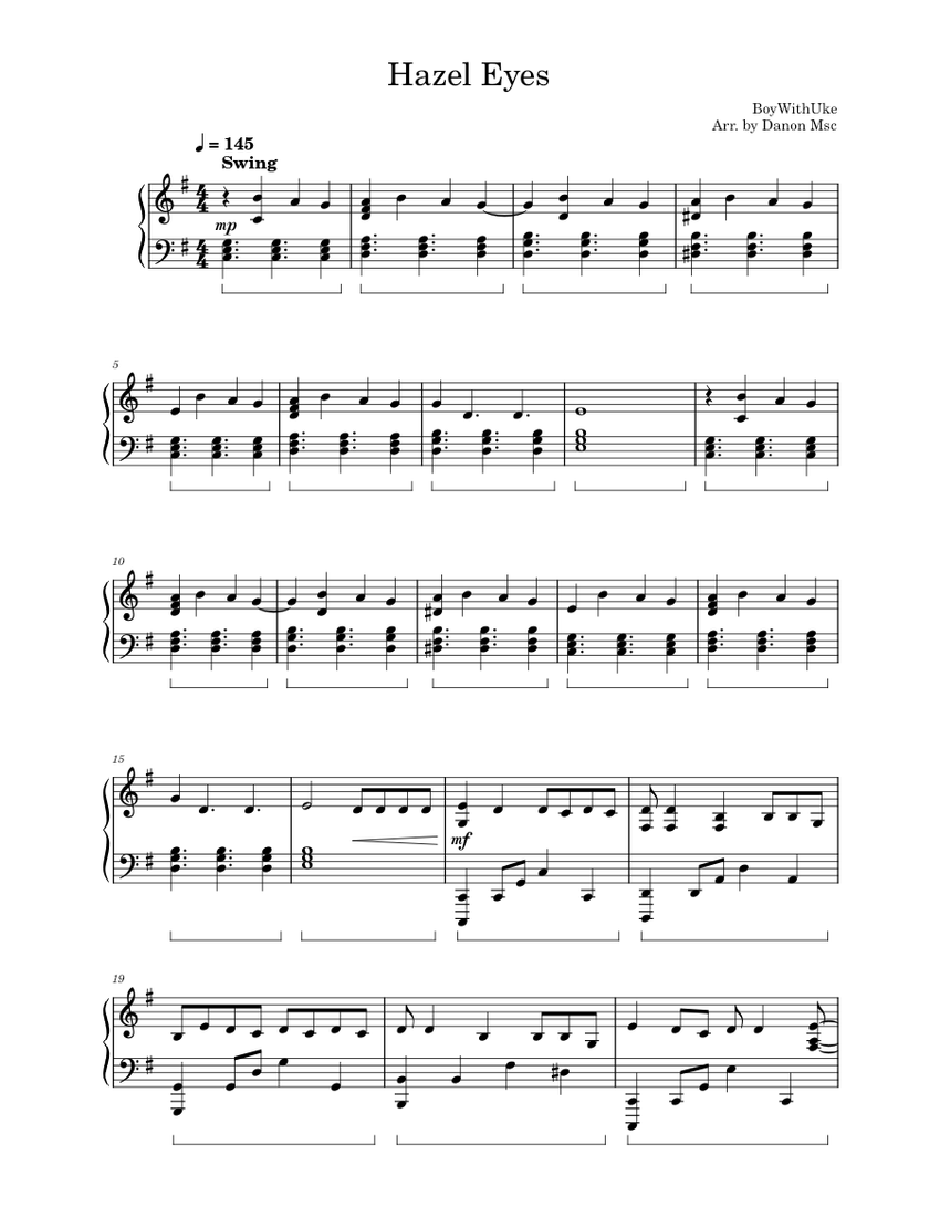 Hazel Eyes – BoyWithUke (Full Piano Cover) Sheet Music for Piano (Solo ...