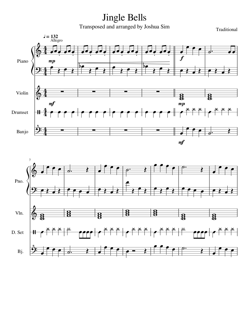 Jingle Bells Sheet Music for Piano, Violin, Drum group, Banjo (Mixed ...
