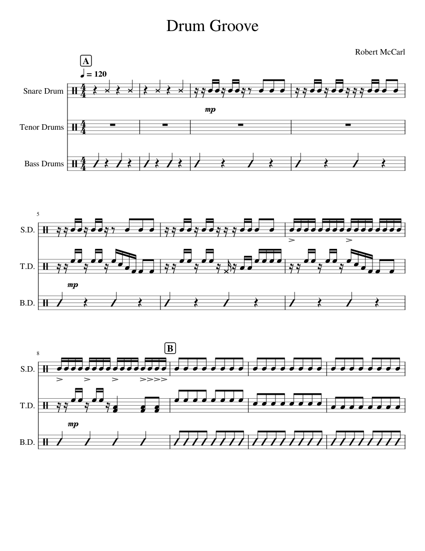 Drum Groove Sheet Music for Snare drum, Tenor drum, Bass drum ...
