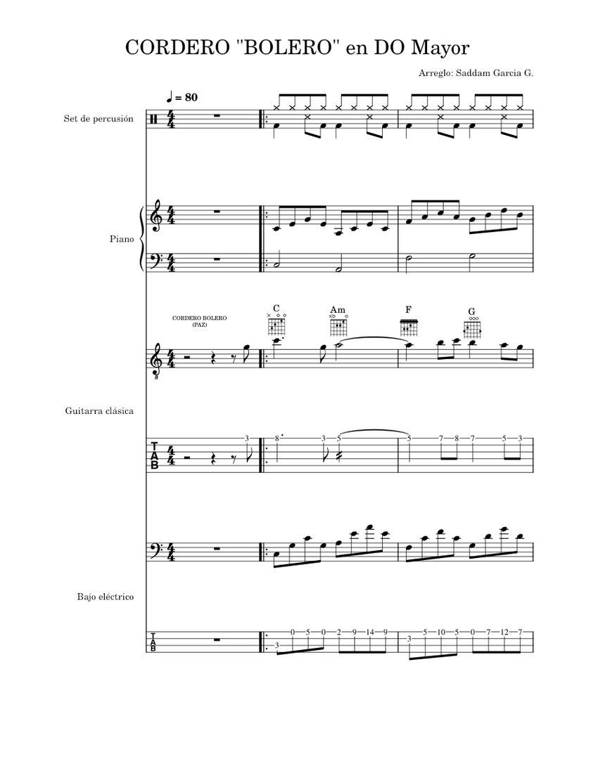 COrdero BOlero banda Sheet music for Piano, Guitar, Bass guitar, Drum ...