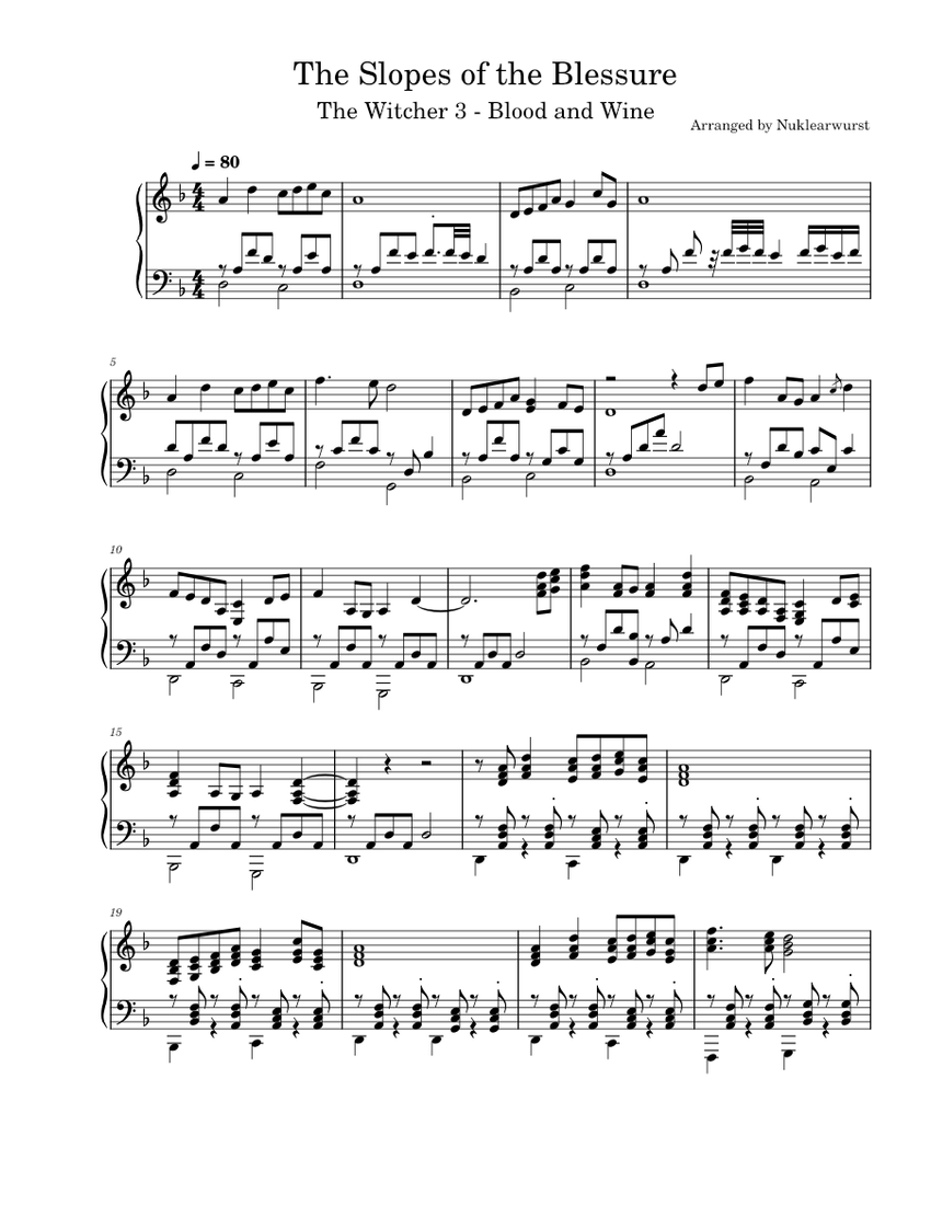 The Slopes of the Blessure - The Witcher 3 - Blood and Wine Sheet Music ...