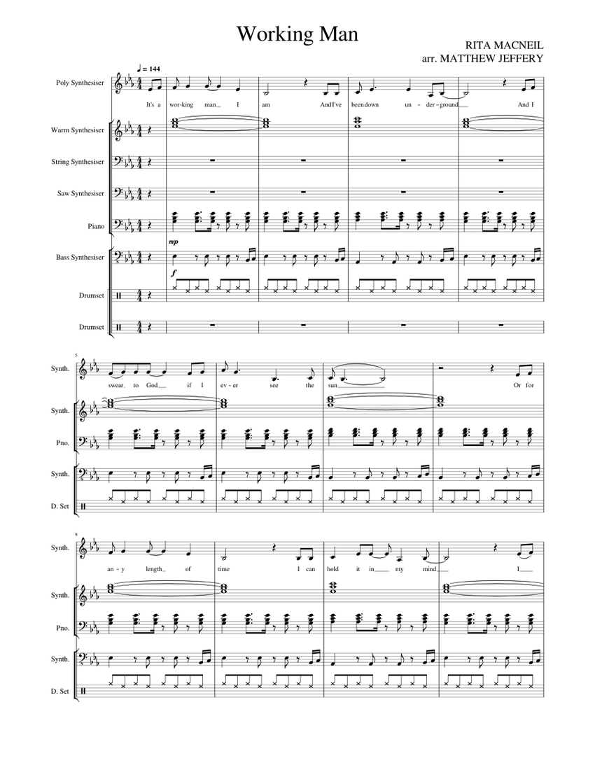 Working man – Rita MacNeil Sheet Music for Piano, Bass guitar, Drum ...