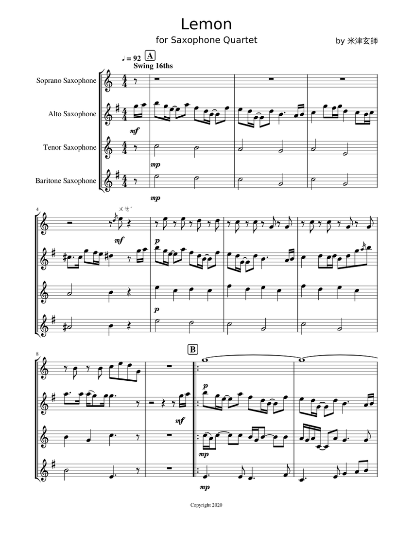 Lemon Sheet Music for Saxophone alto, Saxophone tenor, Saxophone ...