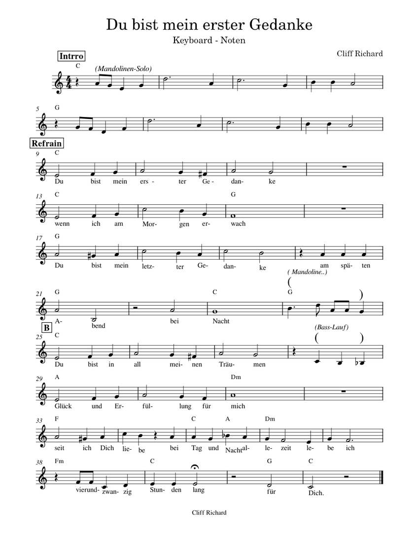 Du bist mein erster Gedanke (Scale C) Sheet Music with Chords for Organ ...