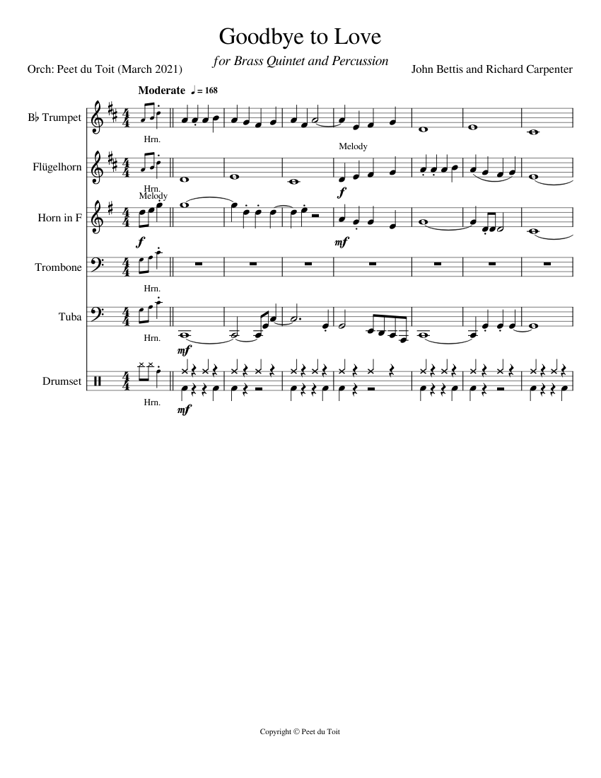 Goodbye to love – Carpenters Sheet Music for Trombone, Tuba, Flugelhorn ...