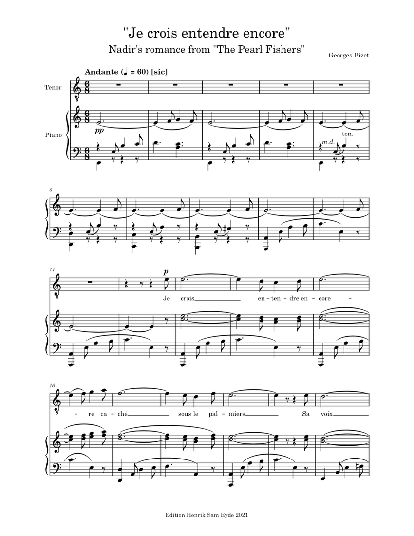 Je crois entendre encore Sheet Music for Piano, Tenor (Mixed Duet ...
