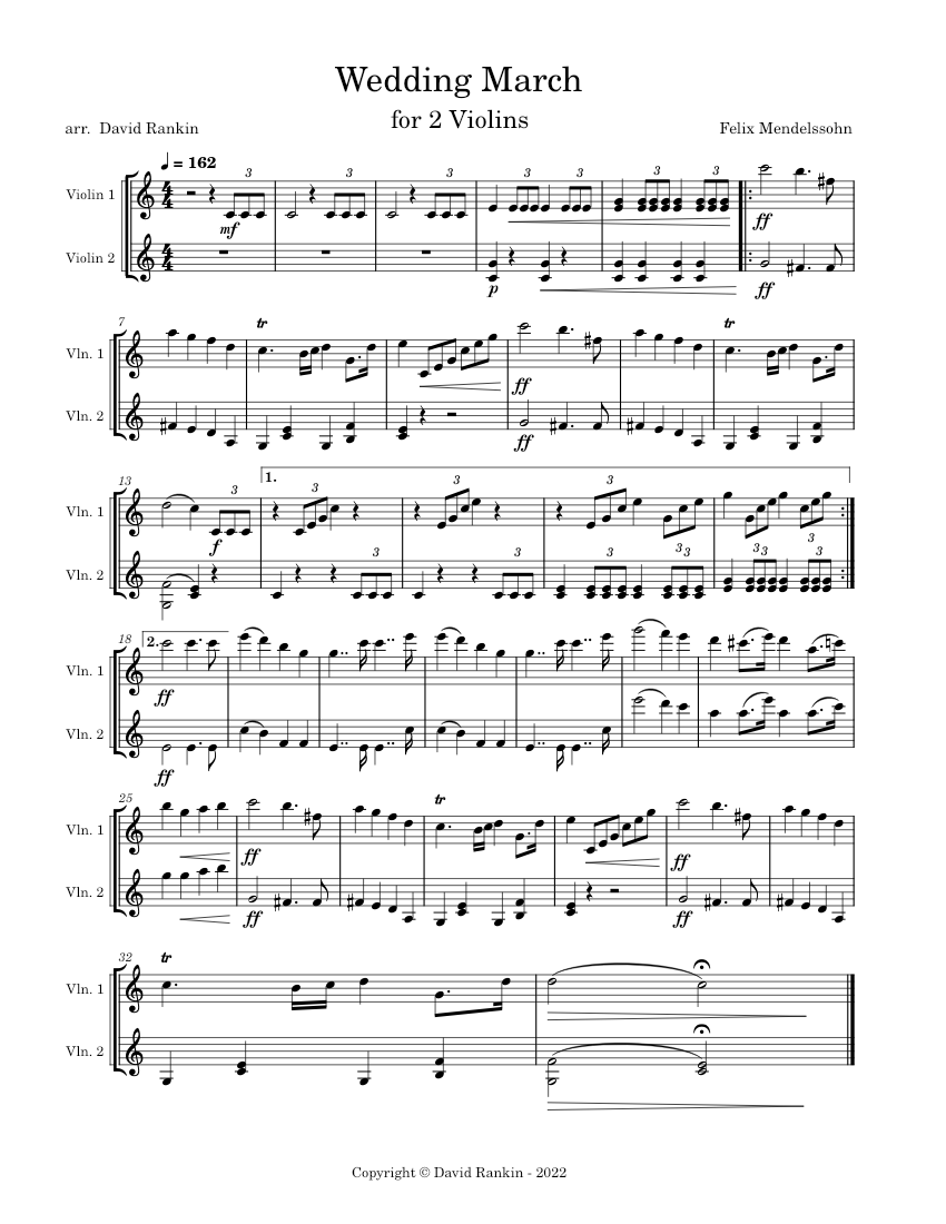 Wedding March – Felix Mendelssohn Wedding March for 2 Violins – Felix ...