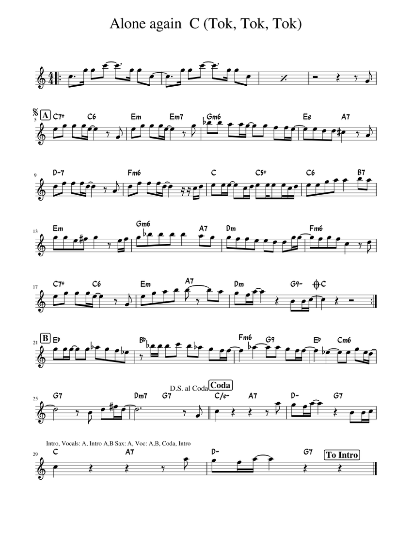 Alone again C (Tok, Tok, Tok) Sheet Music with Chords for Piano (Solo ...