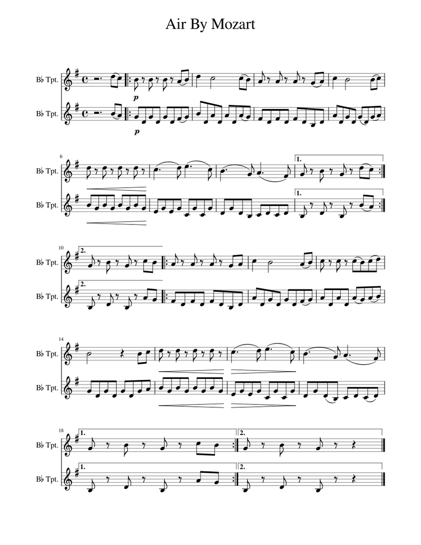 Air By Mozart Sheet Music for Trumpet in b-flat (Brass Duet ...