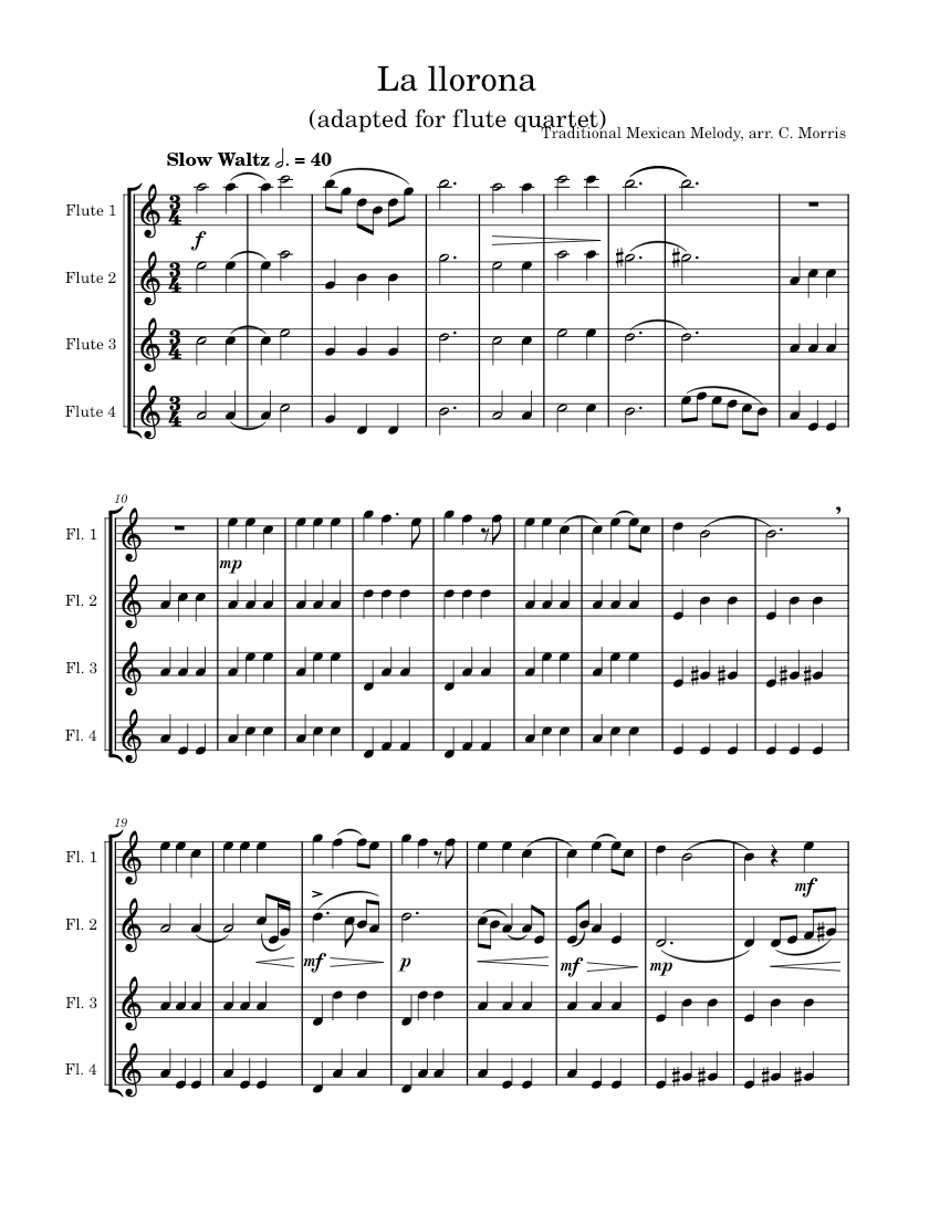 La Llorona – Mexican Folk Songs Sheet Music for Flute (Woodwind Quartet ...