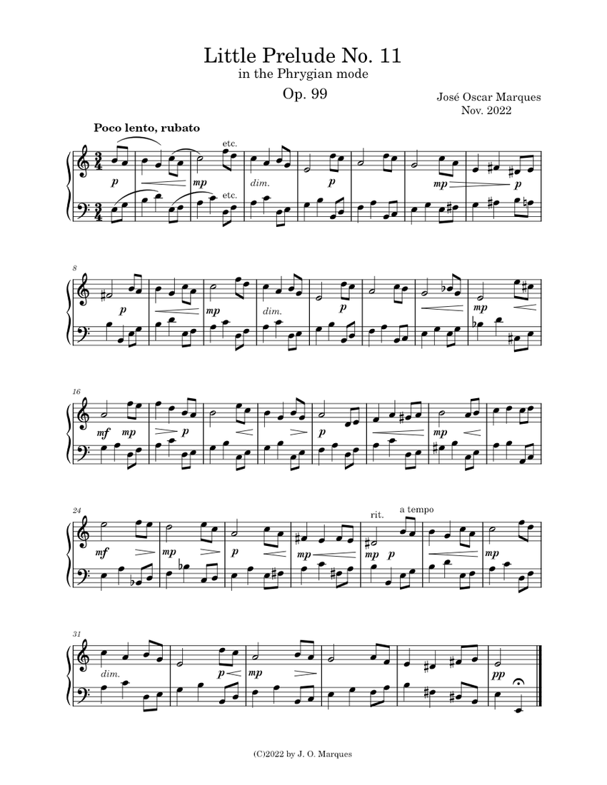 J. O.Marques: Little Prelude No.11, in the Phrygian mode - piano tutorial