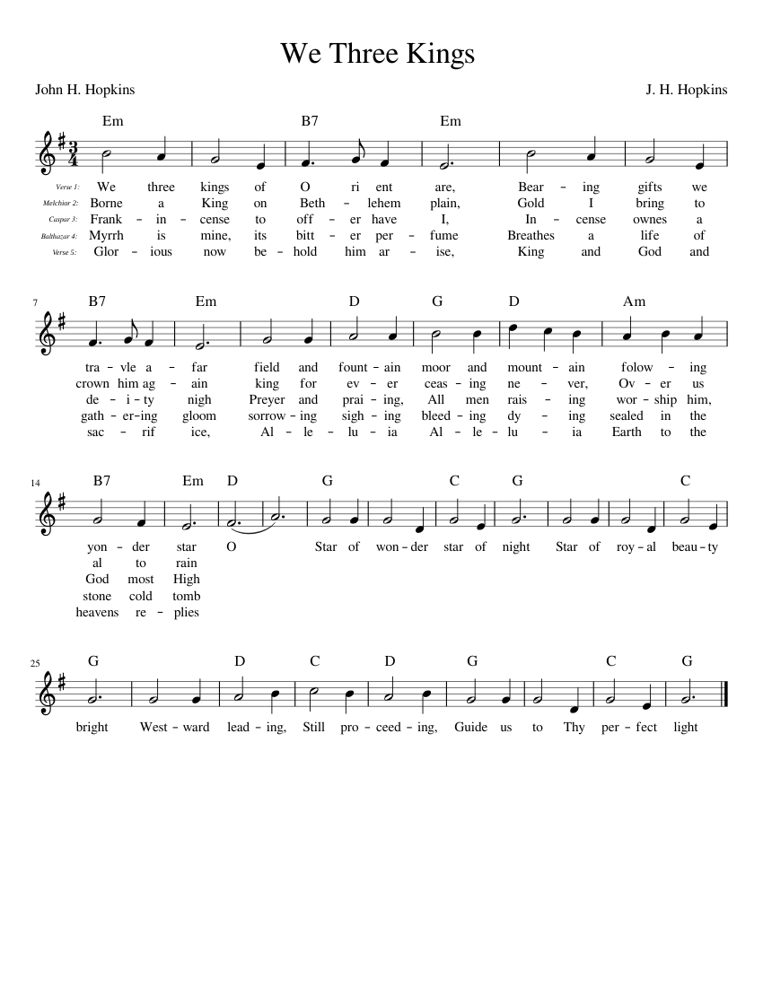 We Three Kings Sheet Music with Chords for Piano (Solo) easy ...