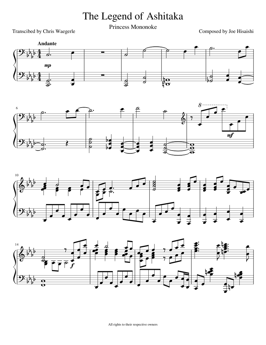 The Legend of Ashitaka - Princess Mononoke Sheet music for Piano (Solo ...