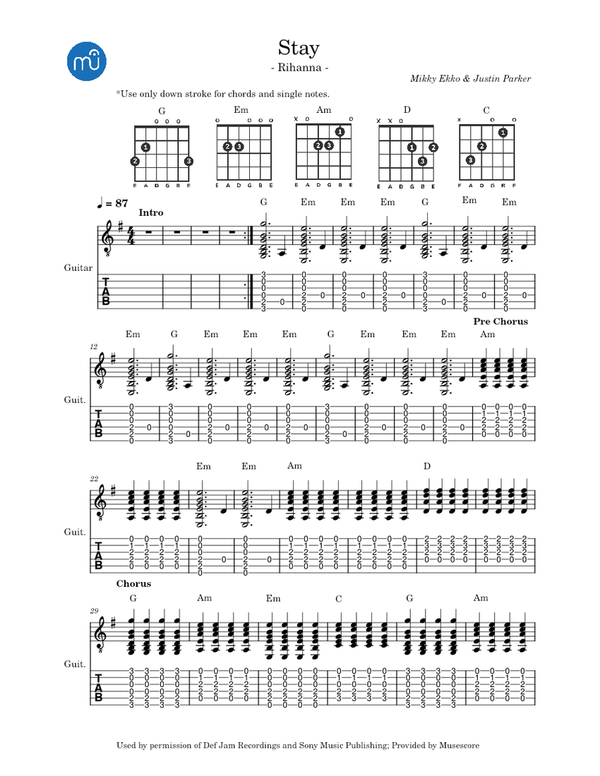 Stay- Rihanna ft. Mikky Echo Sheet Music and Tab for Guitar (Solo ...