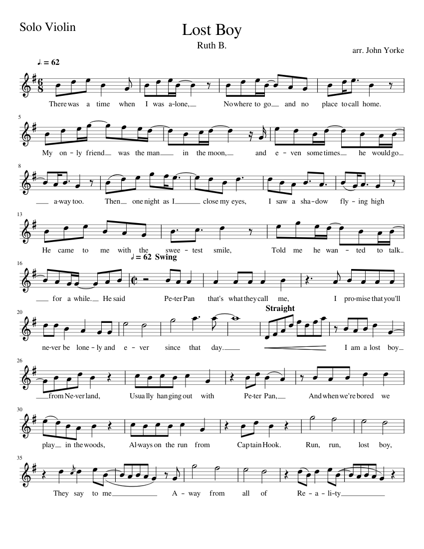 Lost Boy - Ruth B. - Solo Violin Sheet music for Violin (Solo ...