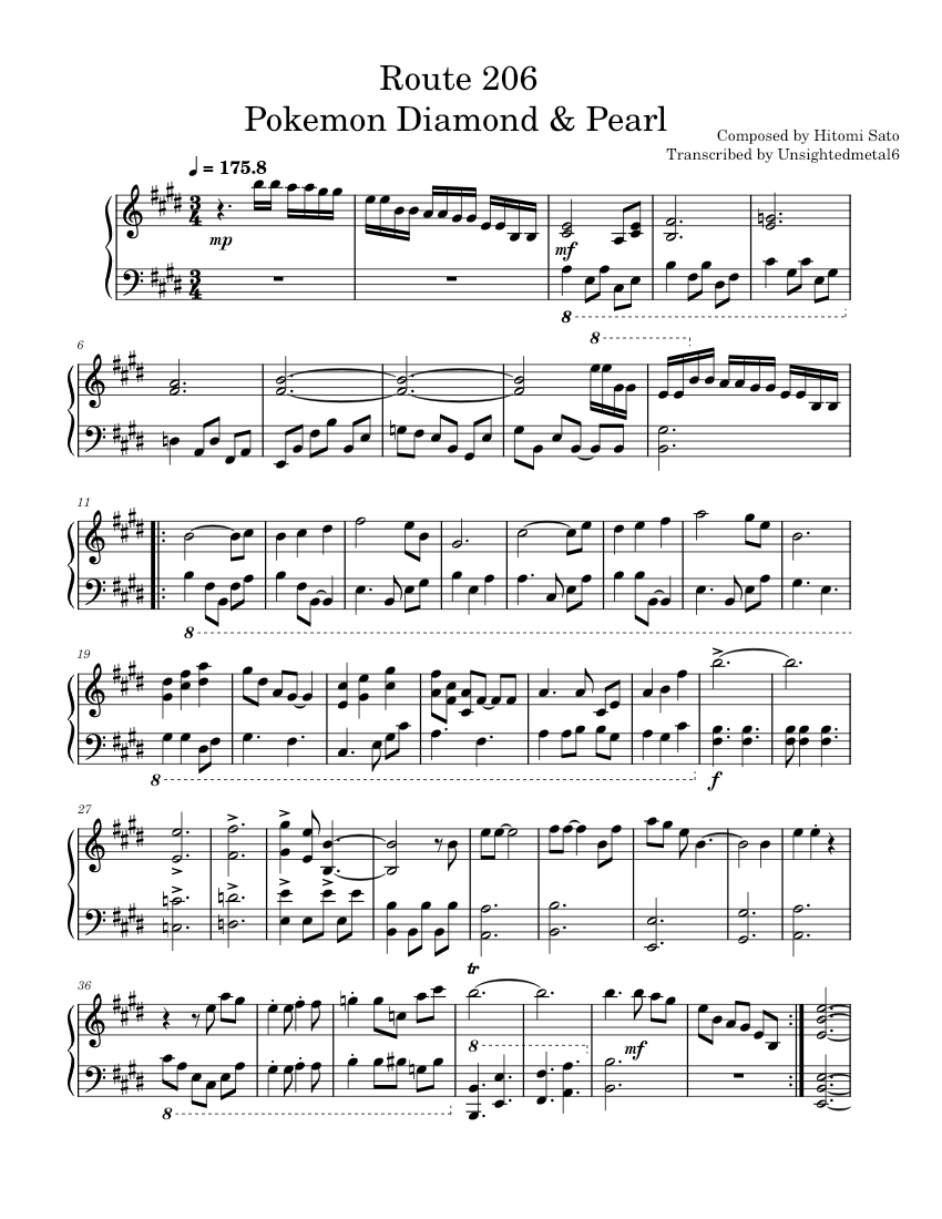 Route 206 - Pokemon Diamond & Pearl Sheet music for Piano (Solo ...