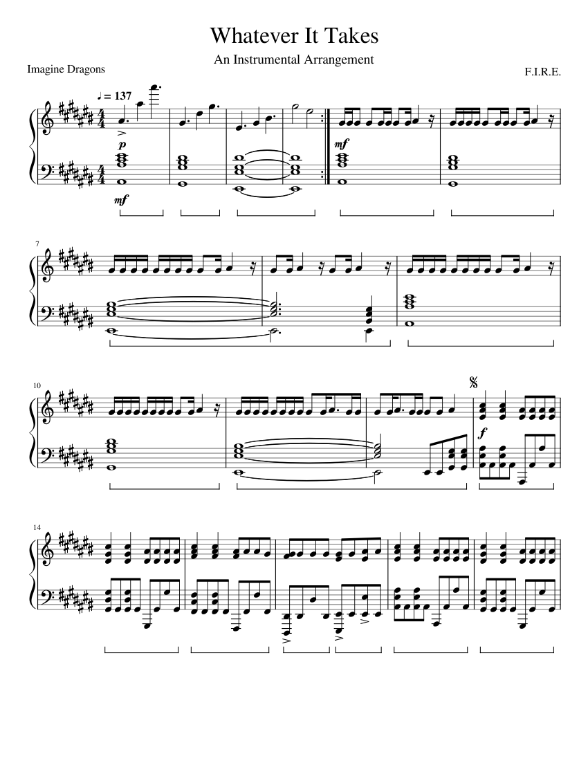 #45 - Imagine Dragons - Whatever It Takes Sheet Music for Piano (Solo ...