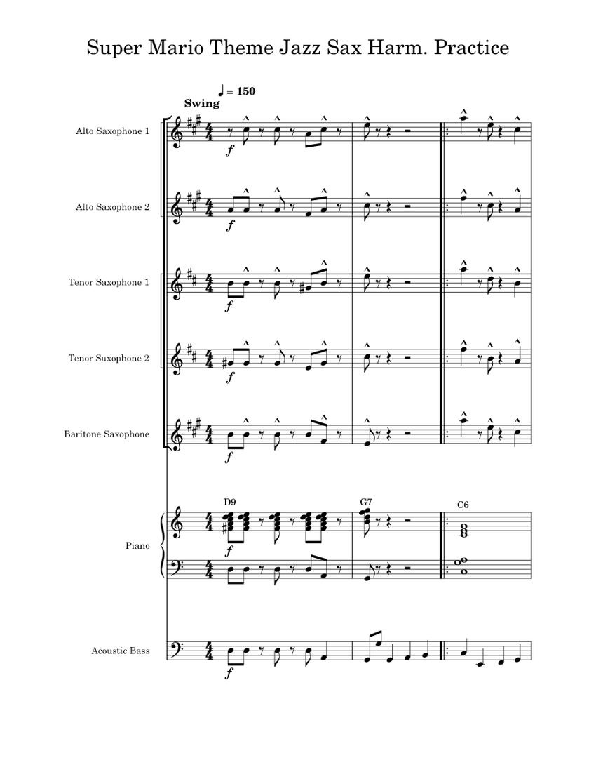 Super Mario Bros Theme Jazz Sax Harmonies Practice Sheet music for ...