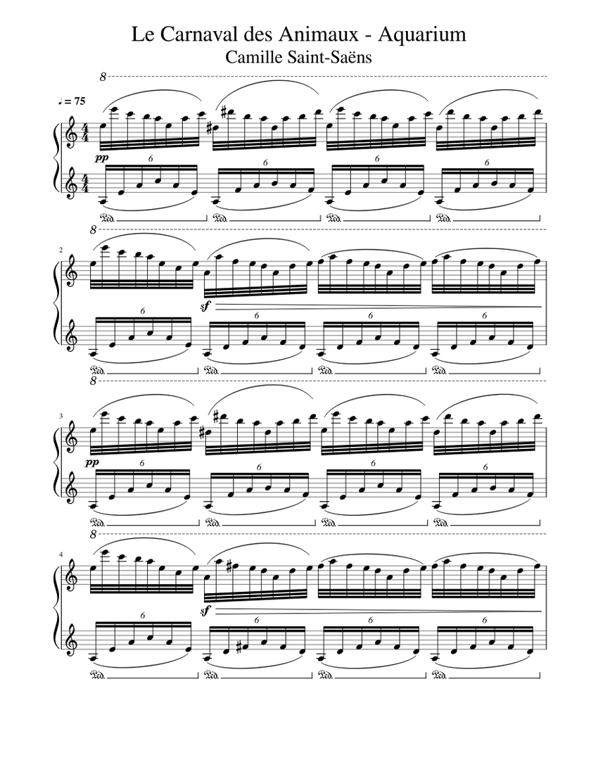 Le Carnaval des Animaux - Aquarium Sheet Music for Piano (Solo ...