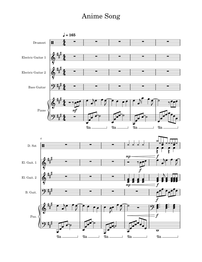 Anime Song (Rock Band) Sheet Music for Piano, Guitar, Bass guitar, Drum ...