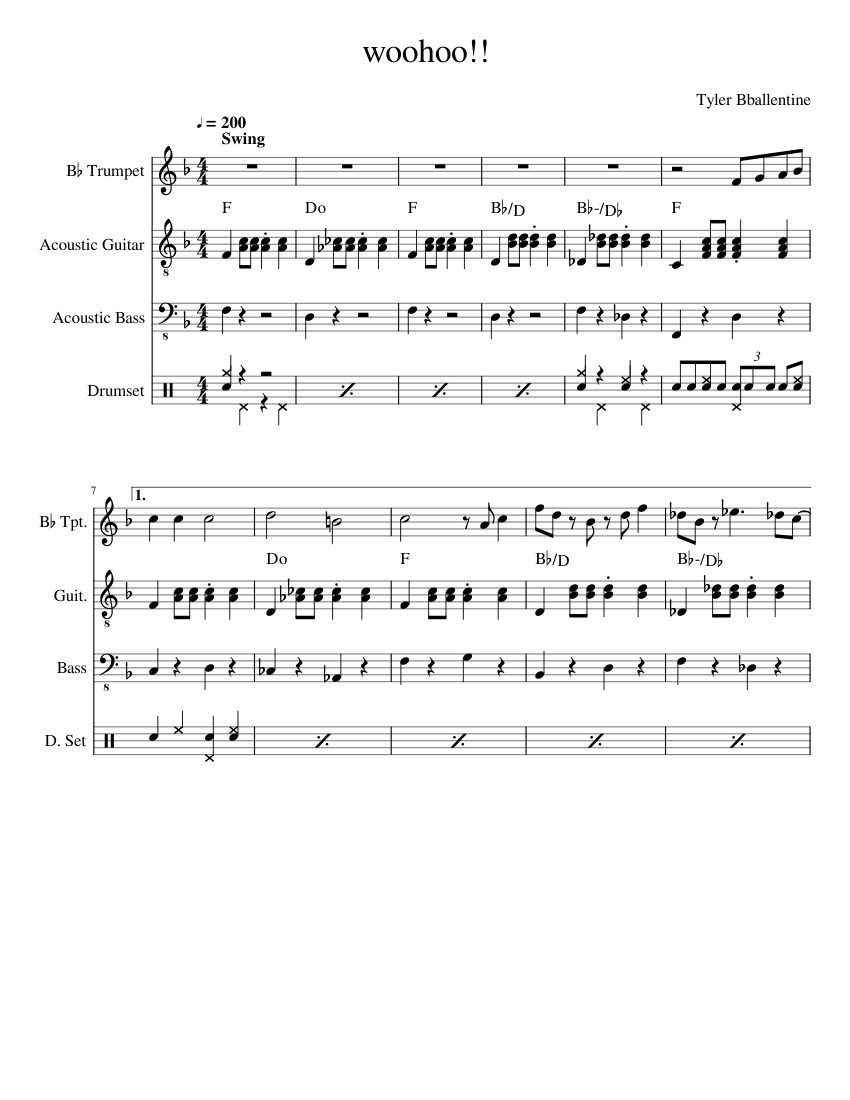 woohoo!! Sheet music for Trumpet in b-flat, Guitar, Bass guitar, Drum ...