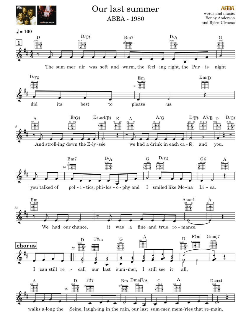 Our last summer – ABBA Sheet Music with Chords for Vocals (Solo ...