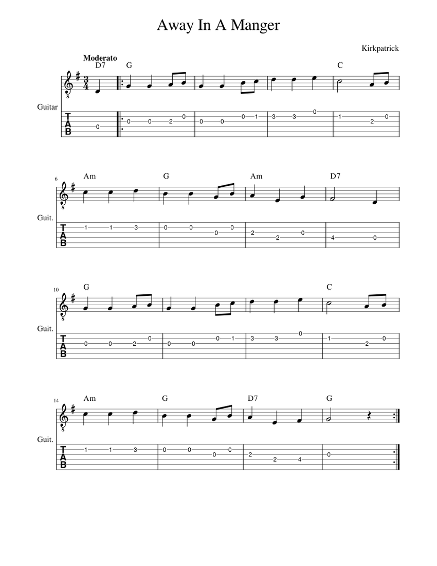 Away In A Manger | Easy Guitar Lesson for Beginner | Tabs & Chord Chart ...