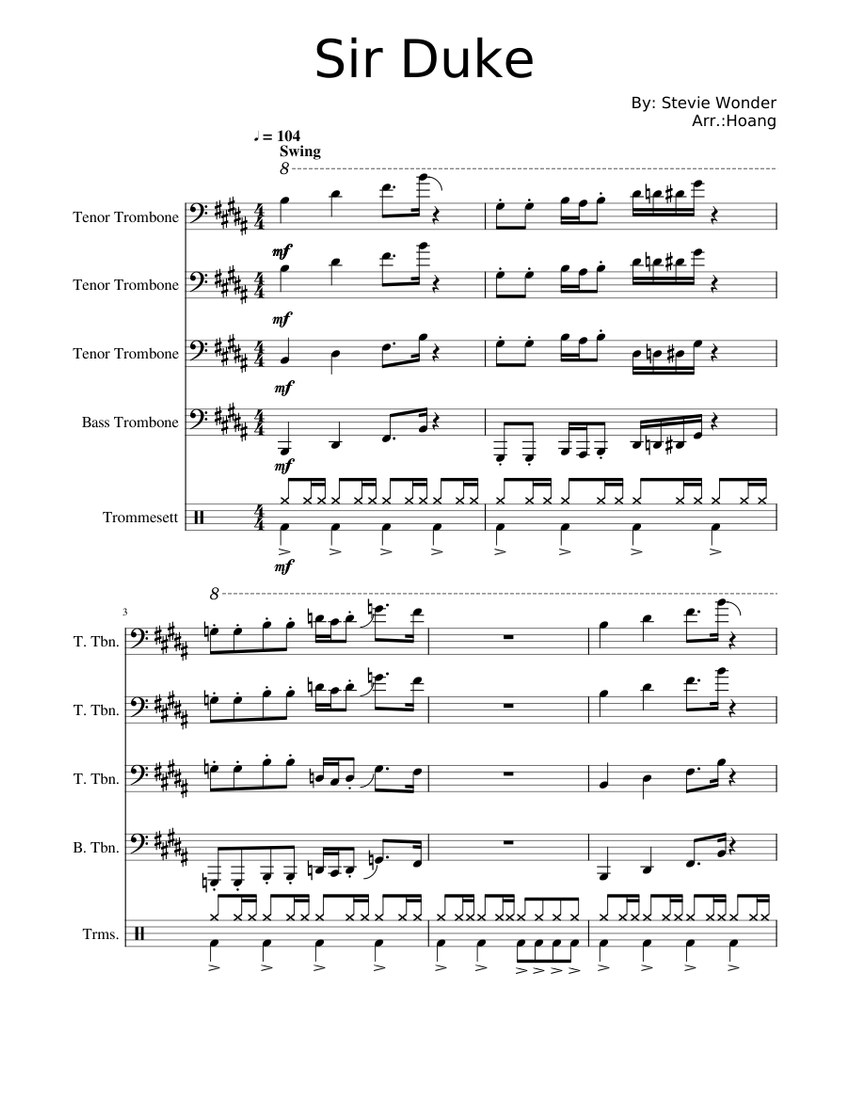 Stevie Wonder Sir Duke - Trombone Quartet Sheet Music for Trombone ...