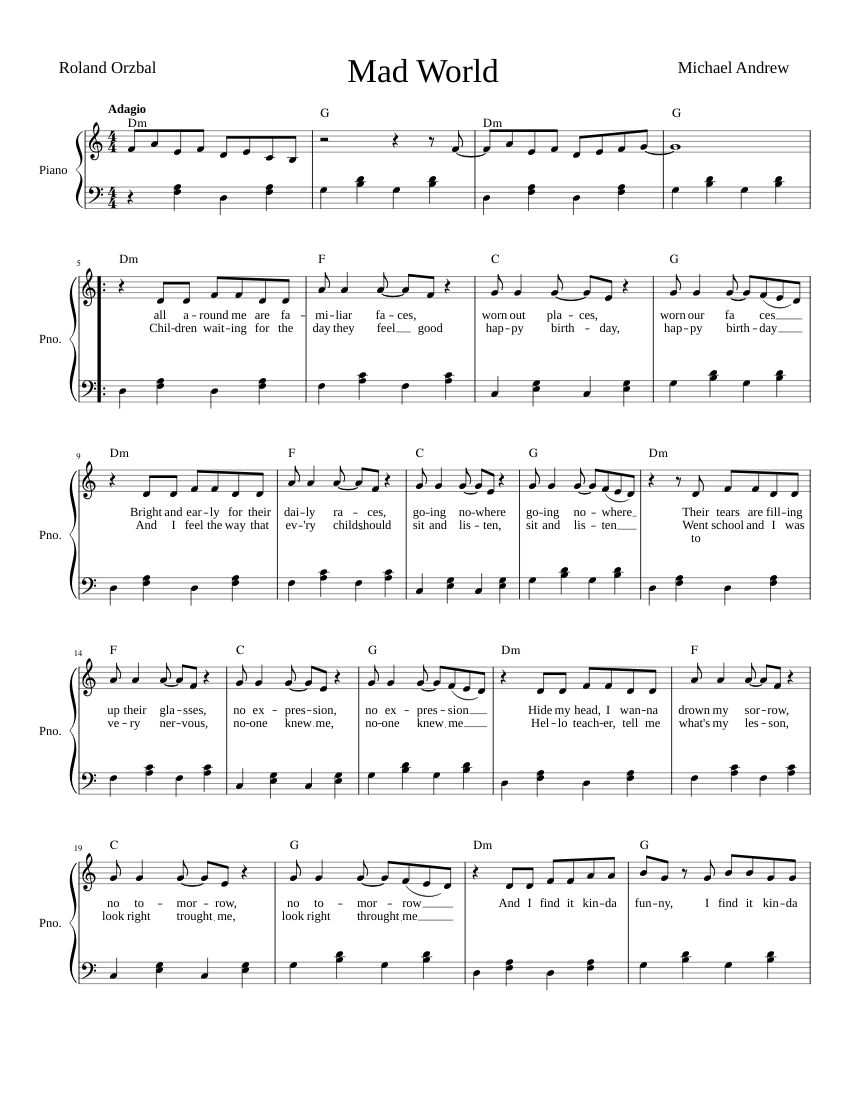Mad world Sheet music for Piano (Solo) | Musescore.com