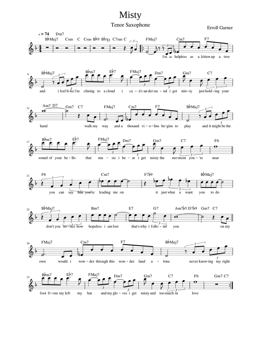 Erroll Garner - Misty (Tenor Saxophone Eb) Sheet Music with Chords for ...