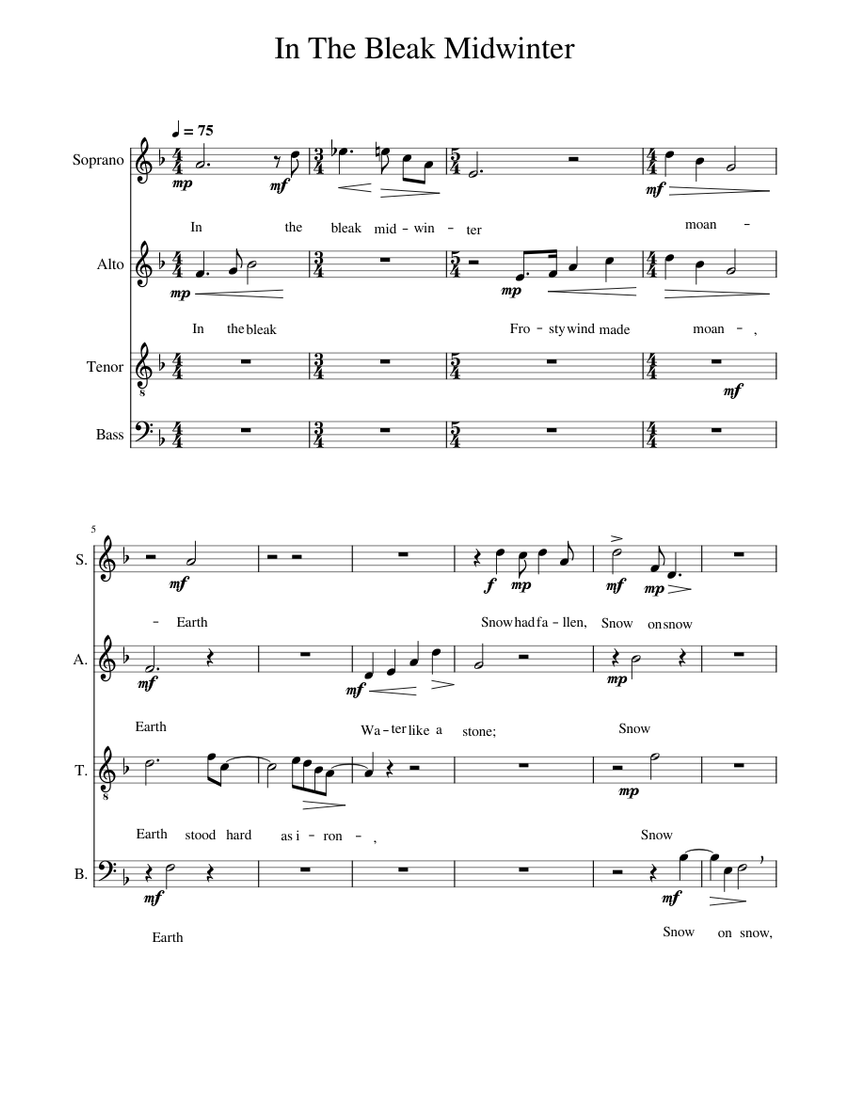 In The Bleak Midwinter Sheet Music For Soprano Alto Tenor Bass Voice