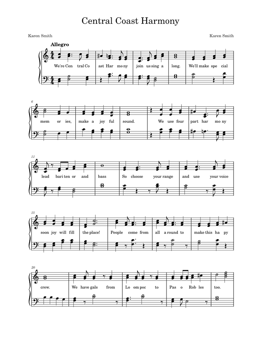 Central_Coast_Harmony Sheet music for Piano (Piano-Voice) Easy | Musescore.com