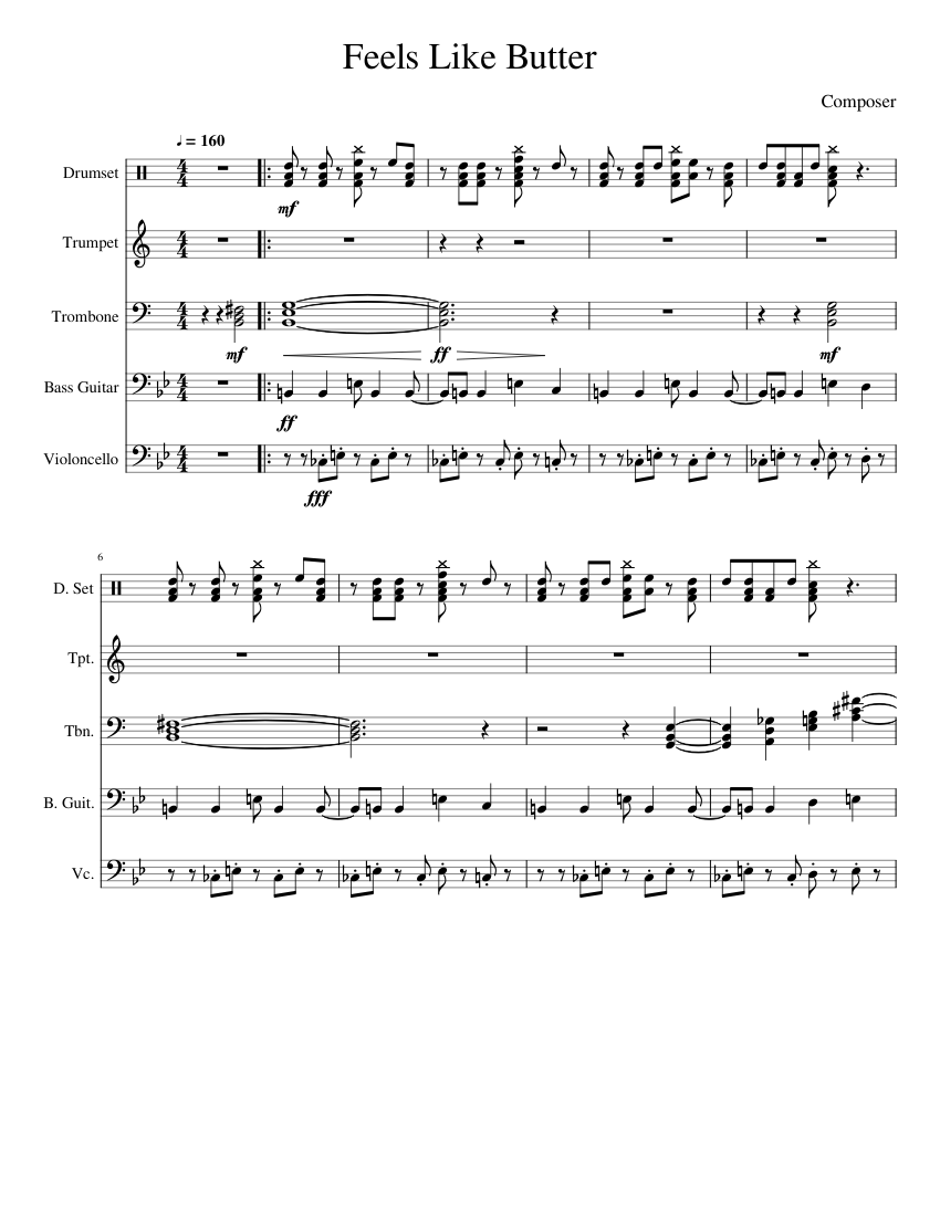 Feels Like Butter Sheet music for Trombone, Cello, Bass guitar, Drum ...