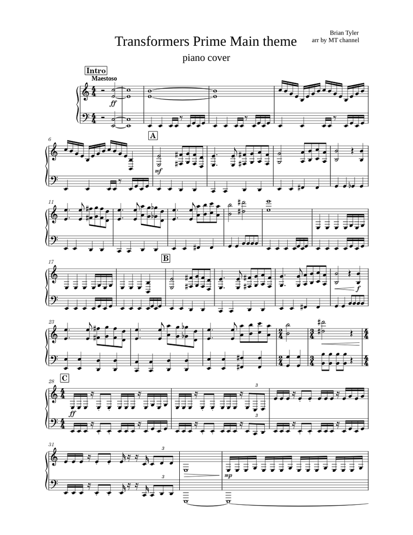 Transformers Prime – Brian Tyler Transformers Prime Main theme – Piano Sheet Music for Piano ...