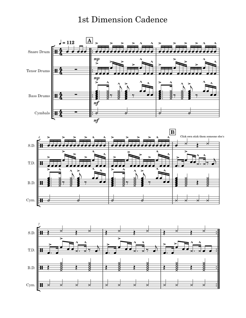 1st Dimension Cadence Sheet music for Snare drum, Crash, Tenor drum ...