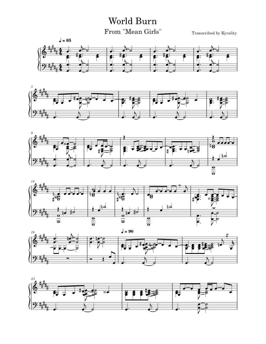 Mean girls - world burn – Arrangement Sheet Music for Piano (Solo ...