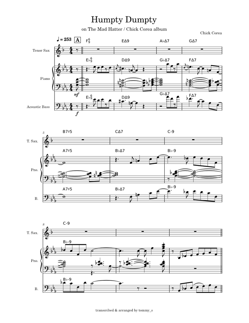 Humpty Dumpty Sheet Music with Chords for Piano, Saxophone tenor, Bass ...