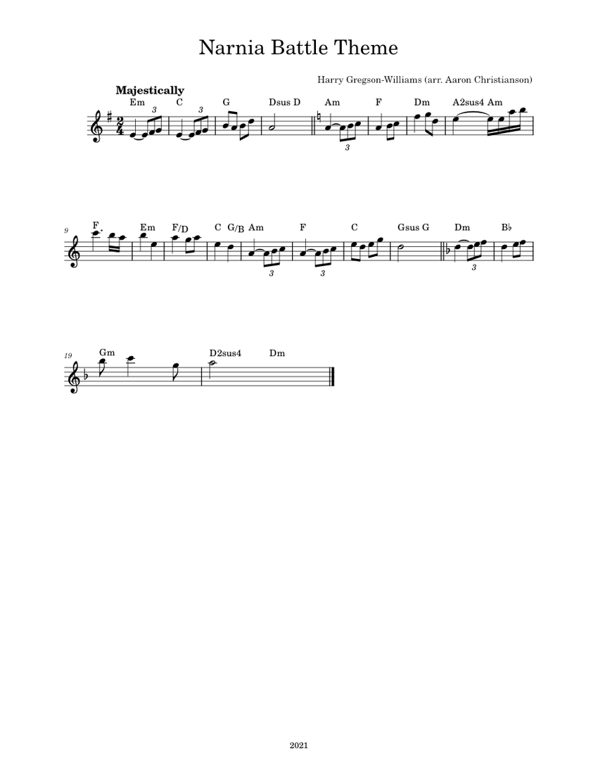 Narnia Battle Theme by Harry Gregson-Williams Sheet Music with Chords ...