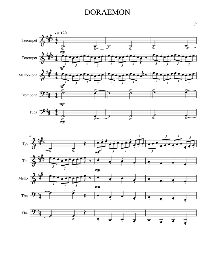 DORAEMON Sheet Music for Trombone, Tuba, Mellophone, Trumpet other ...