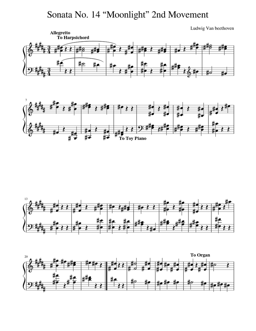 Sonata No. 14 “Moonlight” Sonata 2nd Movement Opus. 27 No. 2 Sheet ...