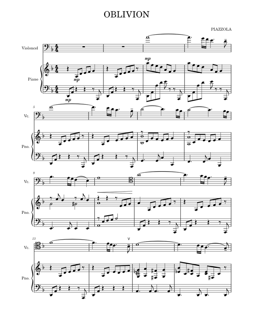 Oblivion – Astor Piazzolla Oblivion Sheet music for Piano, Cello (Solo ...
