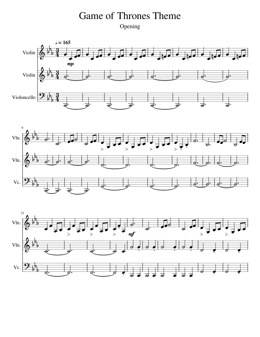 Game of Thrones - Opening Sheet music for Violin, Cello (String Trio ...