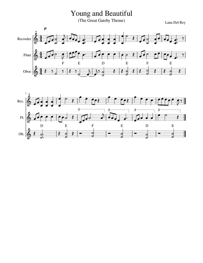 (The Great Gatsby Theme) Sheet Music with Chords for Flute, Oboe ...