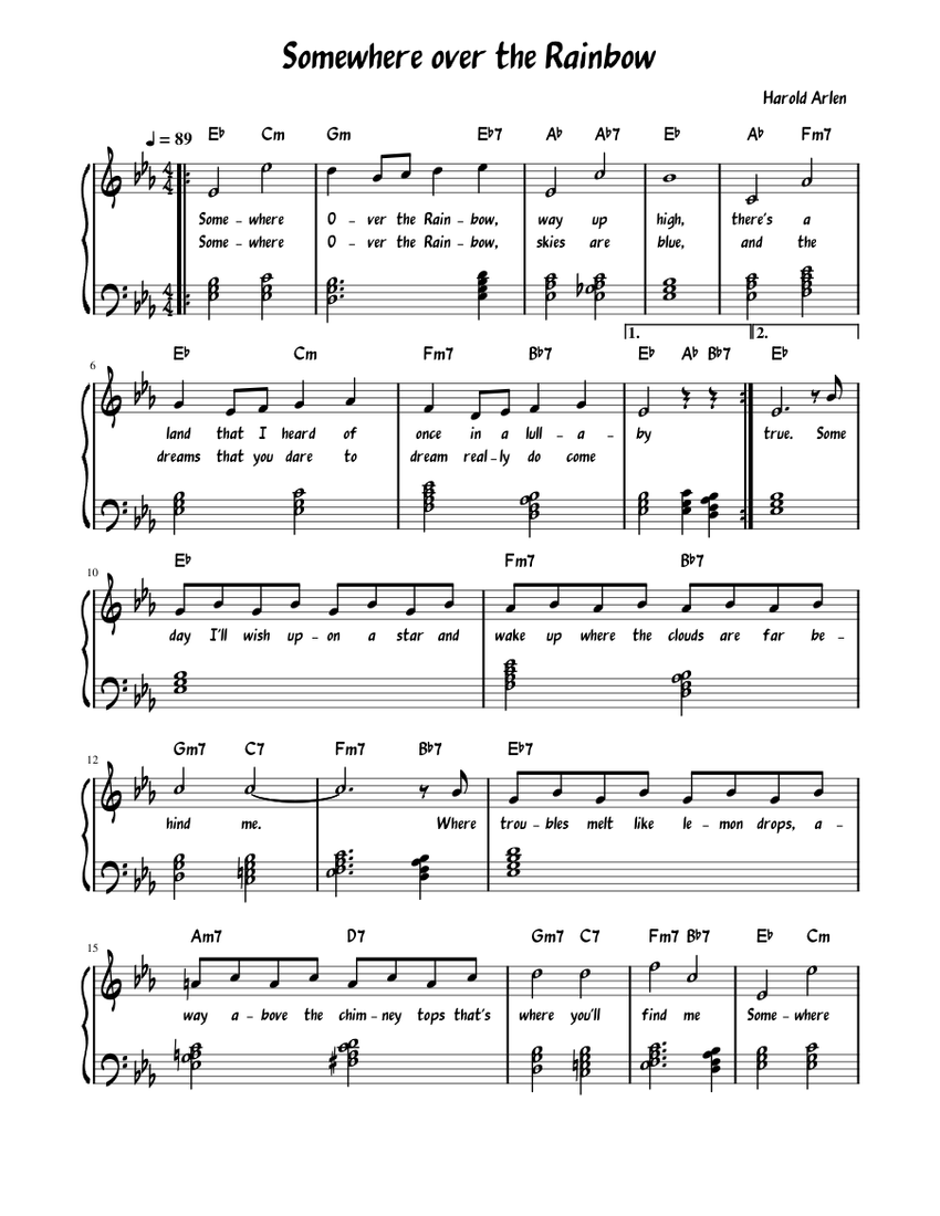 Somewhere over the Rainbow Sheet Music with Chords for Piano (Solo ...