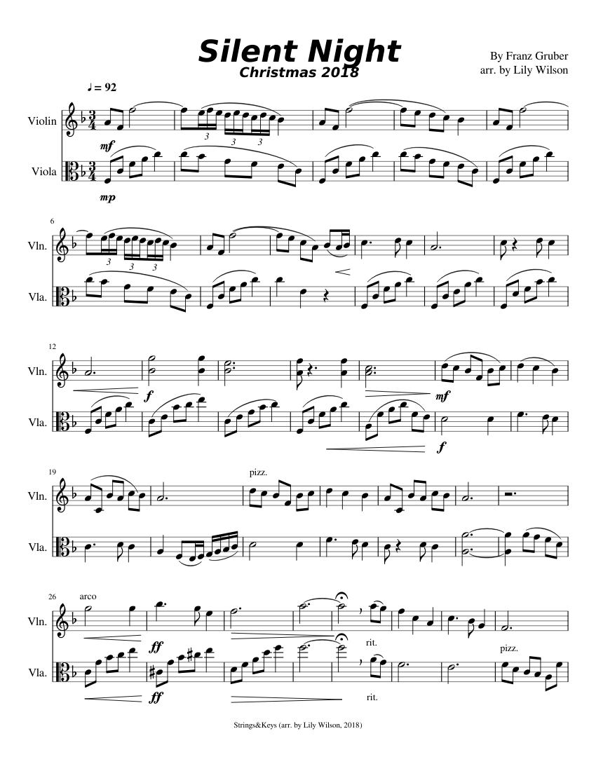 Silent Night in F for Violin and Viola Sheet Music for Violin, Viola ...