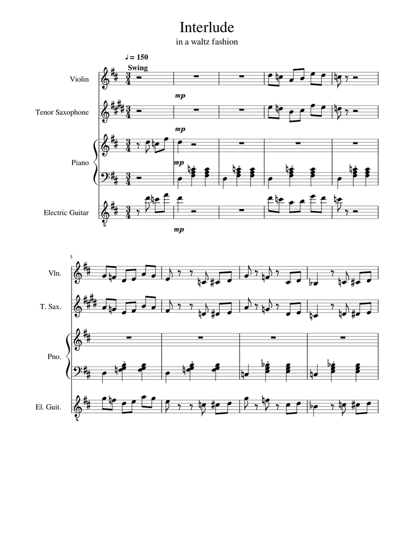Interlude Sheet music for Piano, Saxophone tenor, Violin, Guitar (Mixed ...