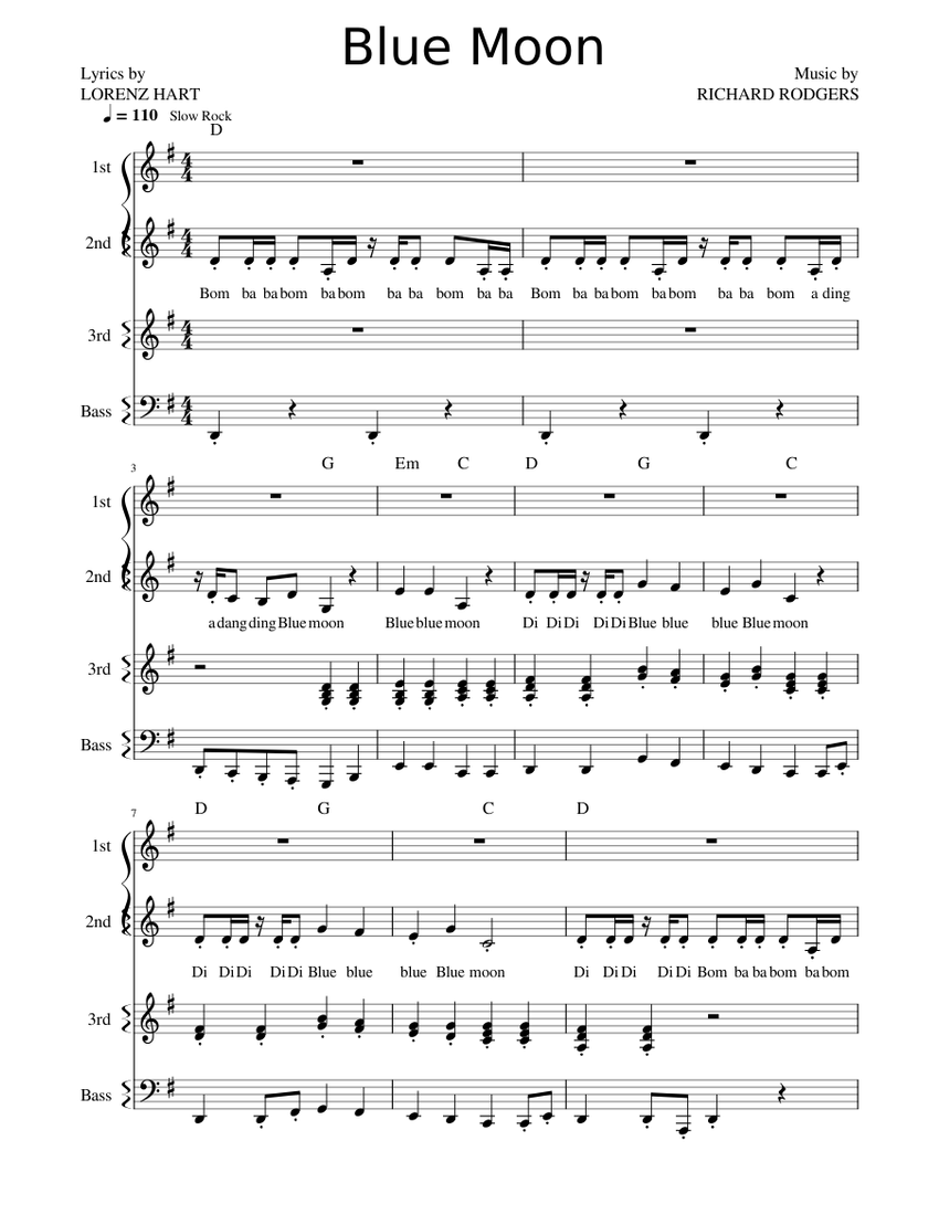 Blue Moon Sheet Music with Chords for Accordion (Piano Quartet ...